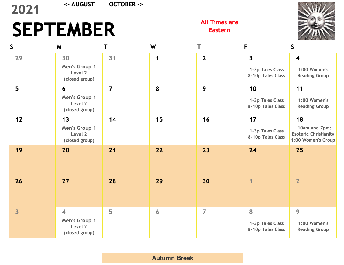 September Calendar – The Spiritual Sun
