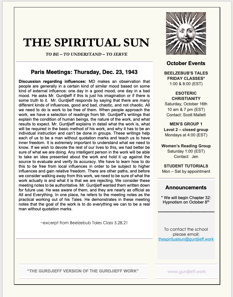 October Newsletter – The Spiritual Sun